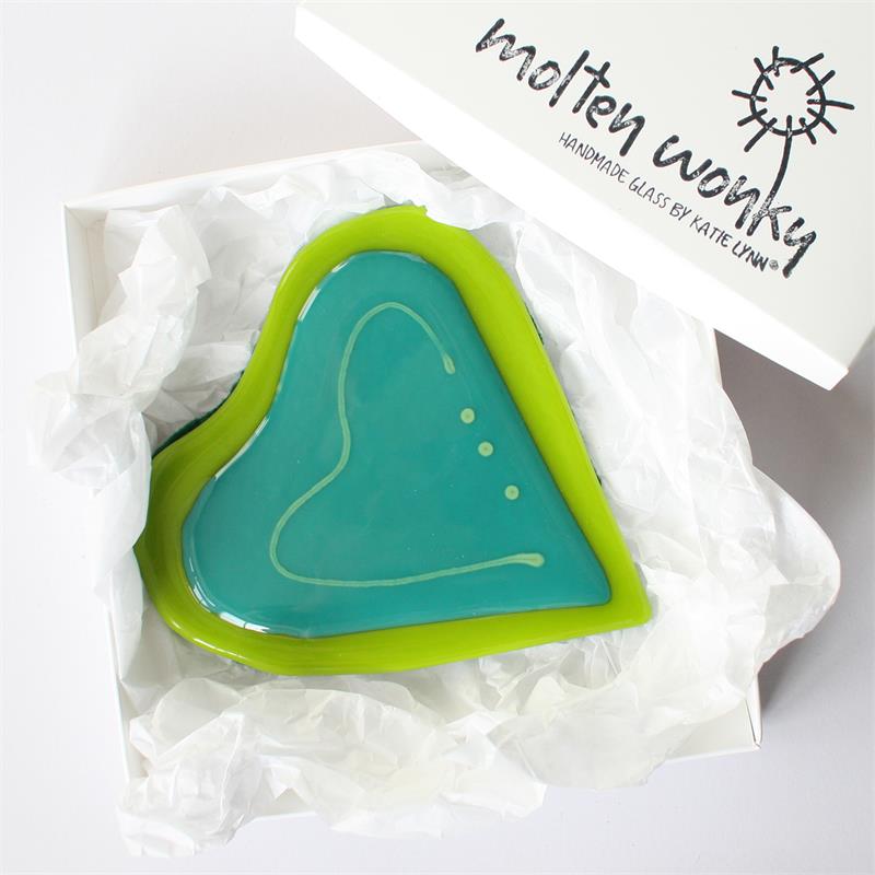 Green Love Heart Fused Glass Coaster by Molten Wonky